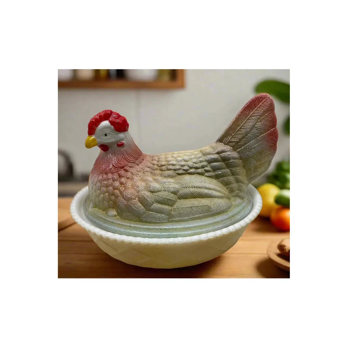 Mosser Glass Covered Chicken Dish with Split Tail on Wide Rim Base ...